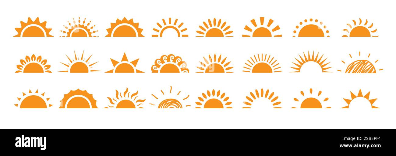 Half sun icon clipart set. Yellow sun clip art with variety of sunrays ...