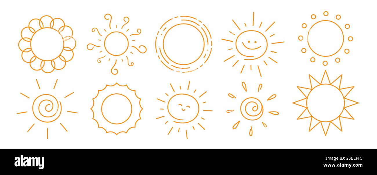 Sun outline drawing clipart set. Orange sun clip art in doodle hand ...