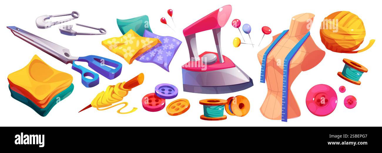 Cartoon sewing accessories collection with colorful tools and supplies ...