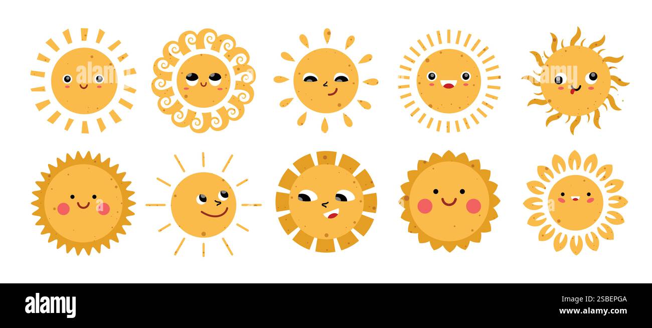 Sun face clipart set. Yellow sun abstract clip art vector illustration ...