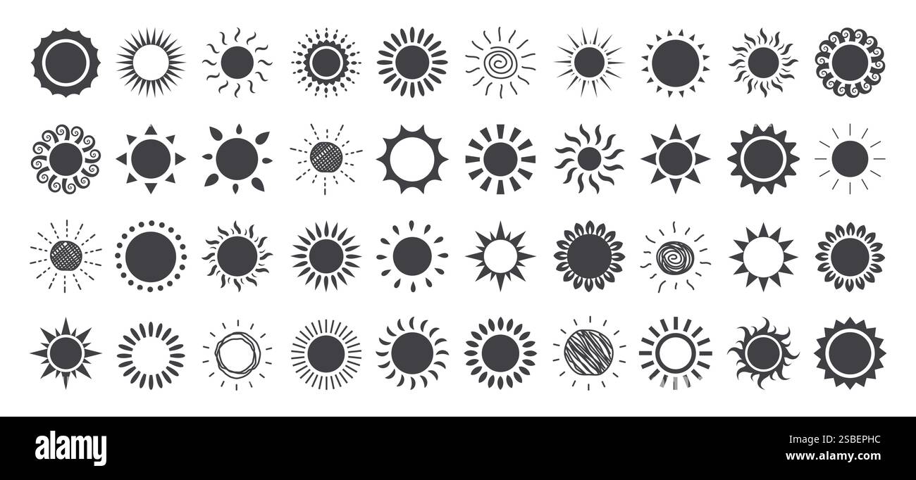 Sun logo clipart set. Yellow sun icon and symbol clip art with doodle ...