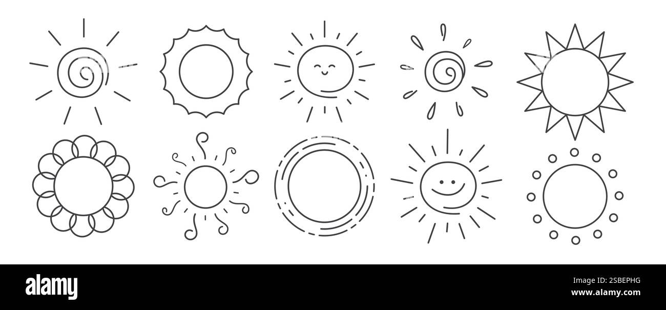 Sun outline drawing clipart set. Black sun clip art hand drawn ...
