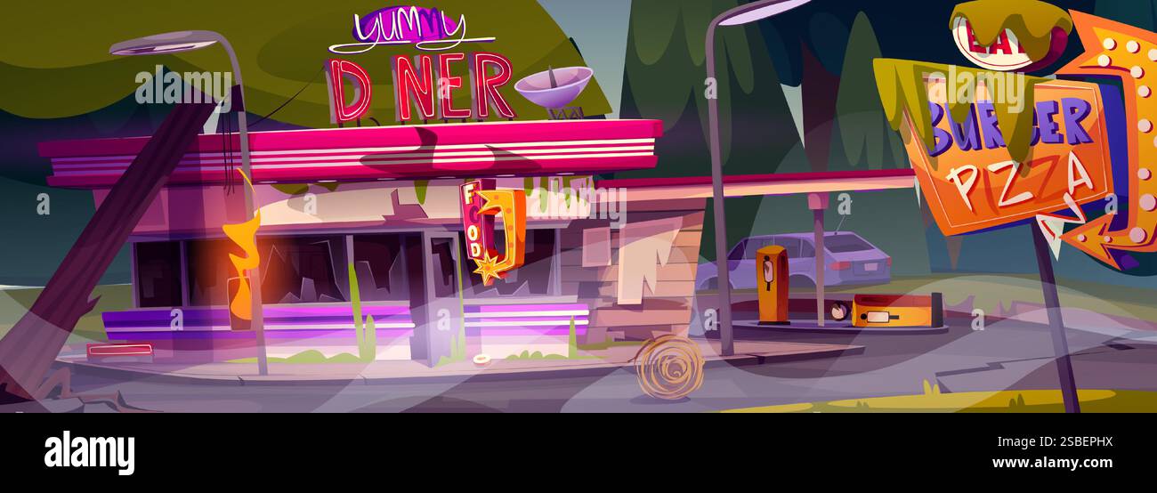 Abandoned destroyed cartoon diner cafe with ruined gas station ...