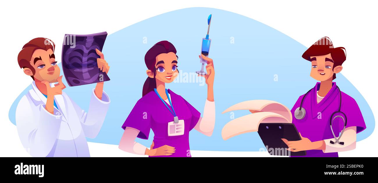 Medical staff characters - young doctor analyzing x ray scan, nurse ...