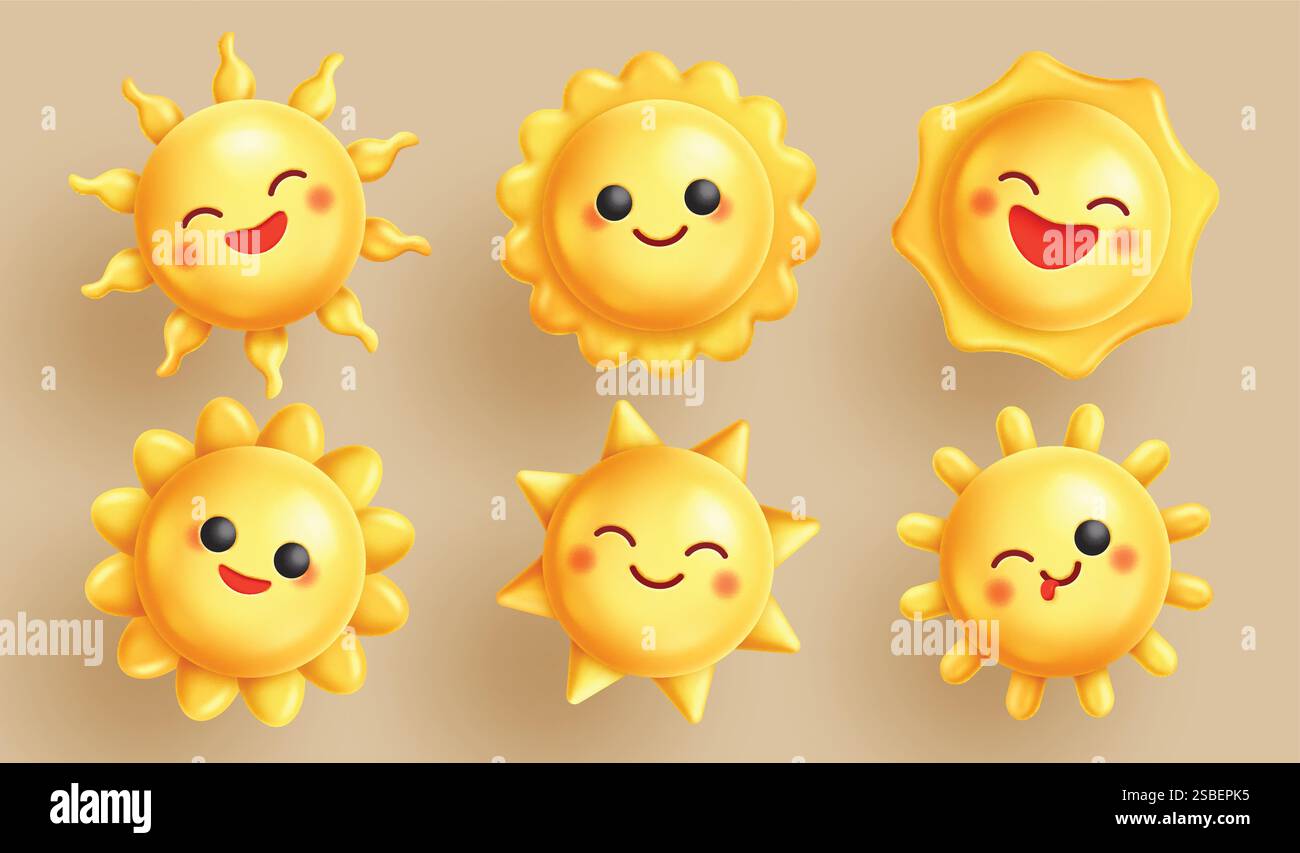 Sun happy face clip art set. Yellow 3d sun clip art in happy, cheerful ...