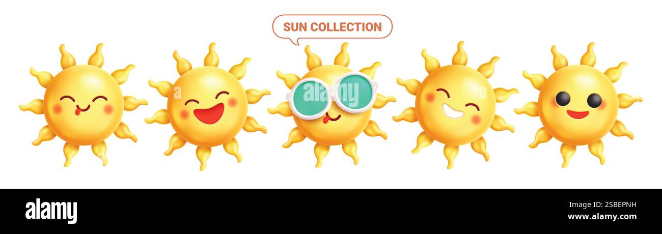 Sun cartoon clipart set. Yellow sun face emoticon clip art with happy ...