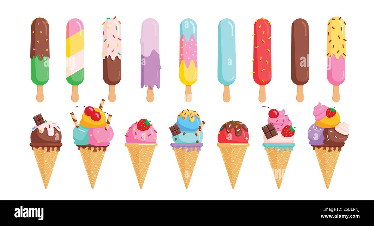 Ice cream cartoon clipart set. Ice cream cones and popsicle icon clip ...