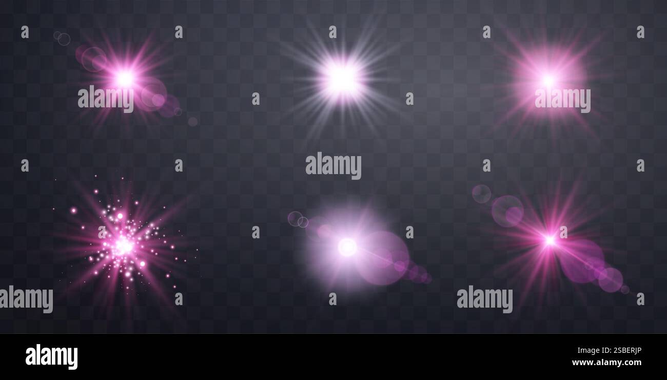 Pink lens flares set. Sun flash with rays or spotlight and bokeh ...
