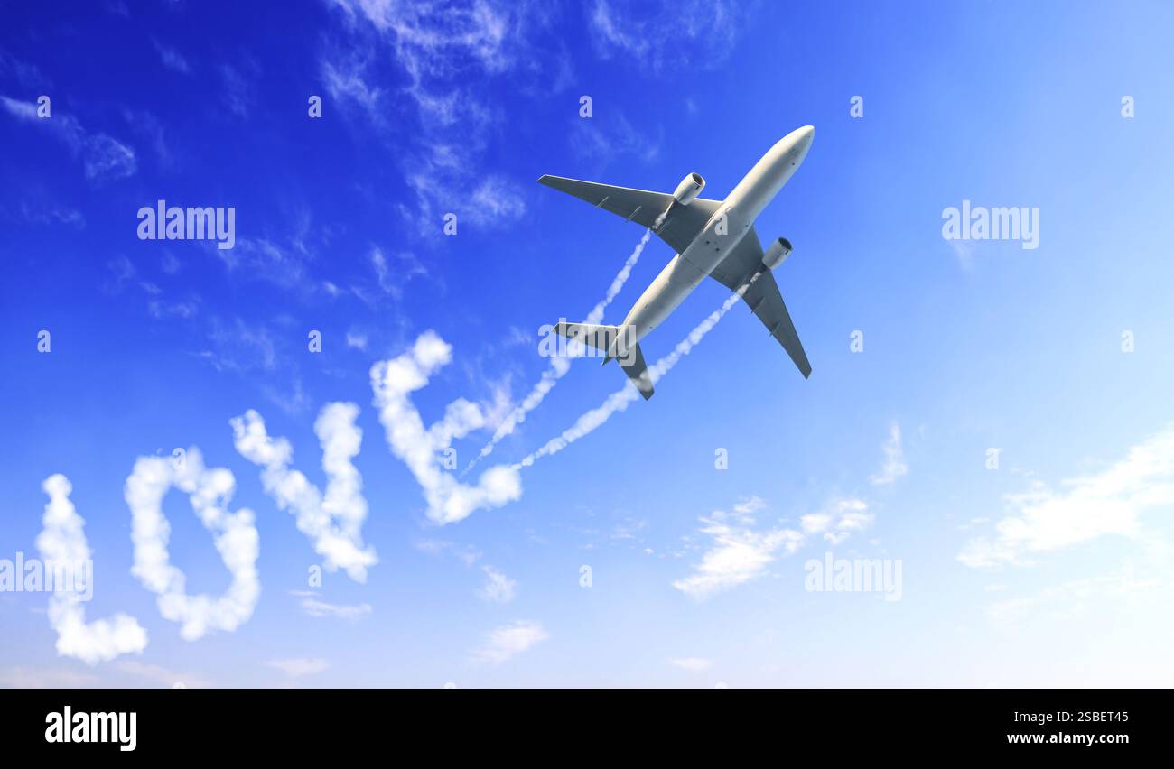 Blue sky with aircraft and Jet trailing smoke. Airplane drawing a word ...