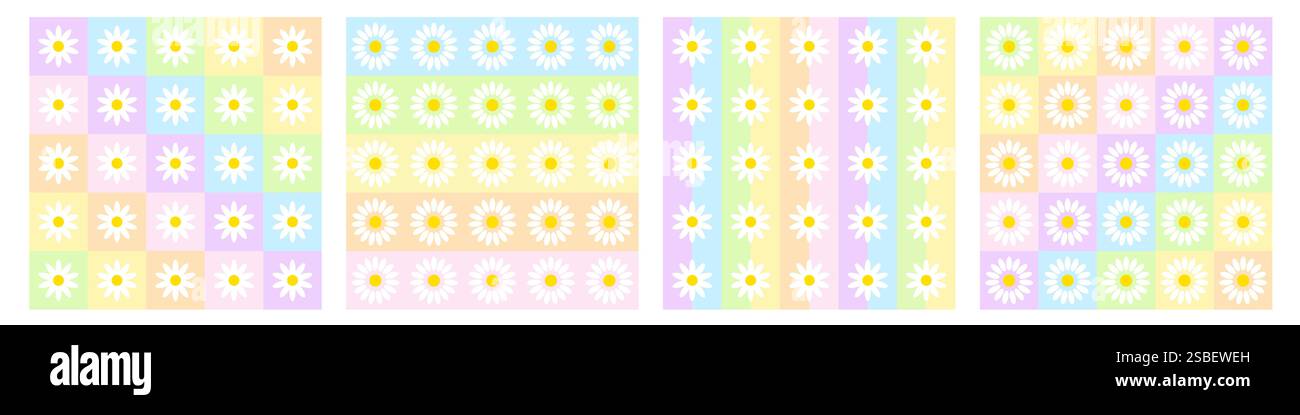Rainbow color checkerboard seamless pattern collection with daisy ...