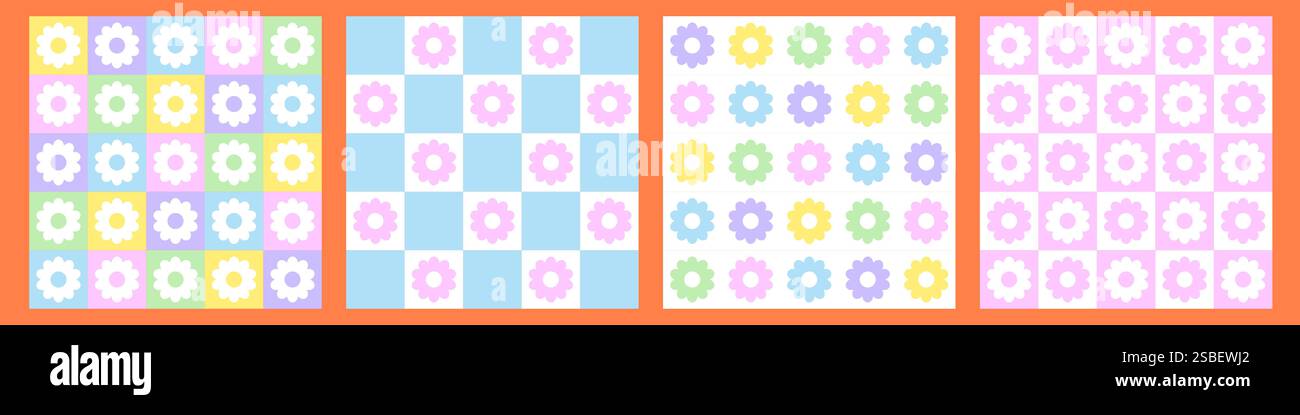 Rainbow color checkerboard seamless pattern collection with daisy ...