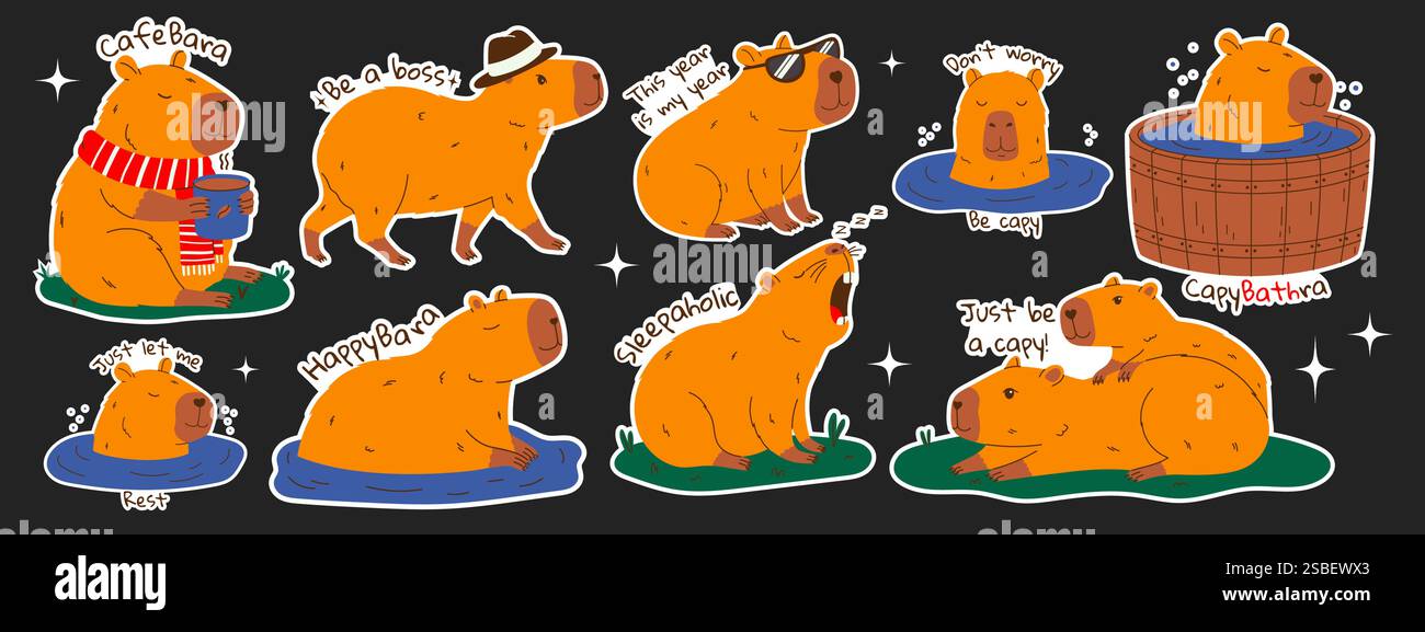 Cute capybara stickers set with text. Set of rodent characters swimming ...
