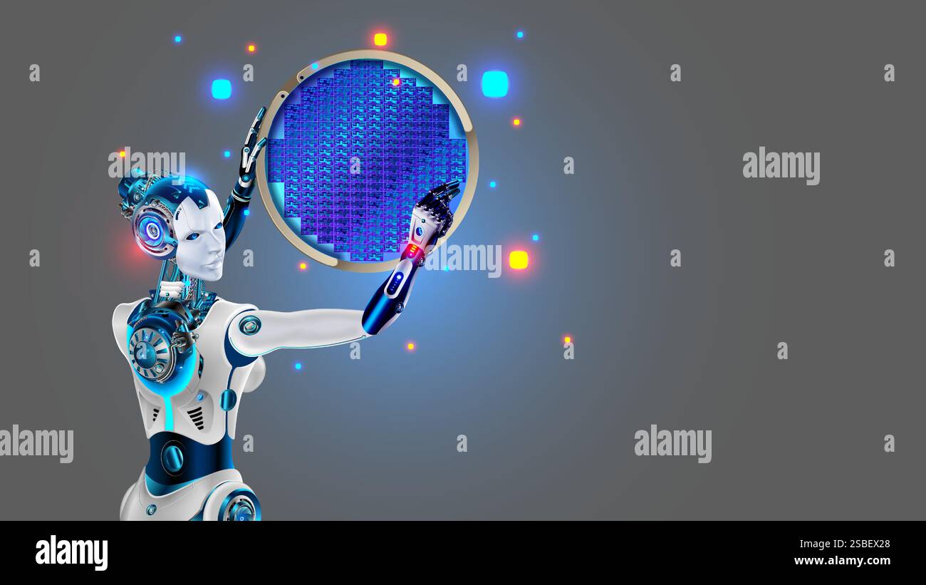 AI robot hold semiconductor wafer on factory. Robot woman with ...