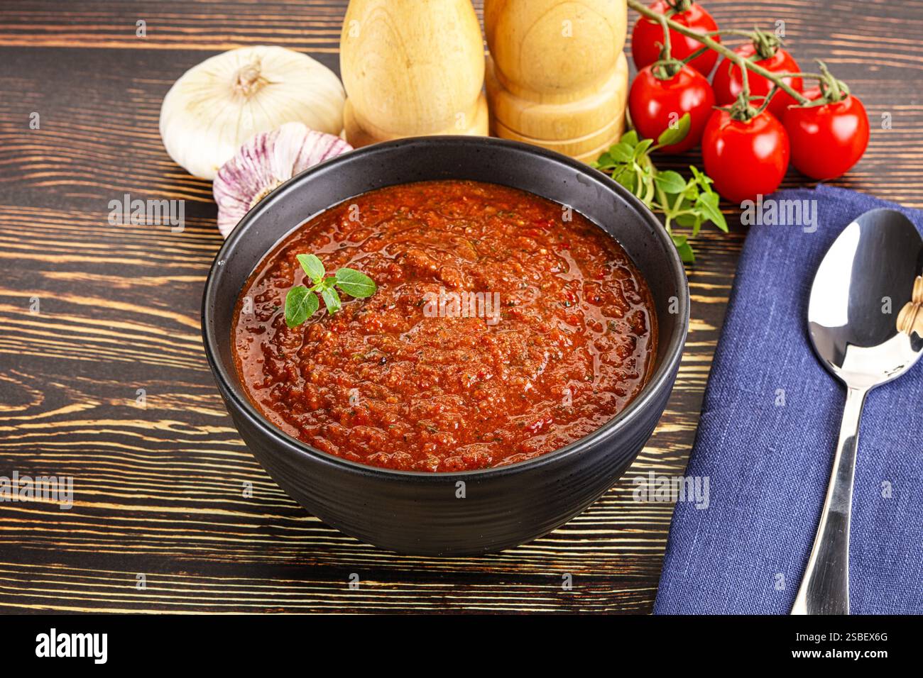 Spanish traditional gazpacho tomato soup served basil Stock Photo - Alamy