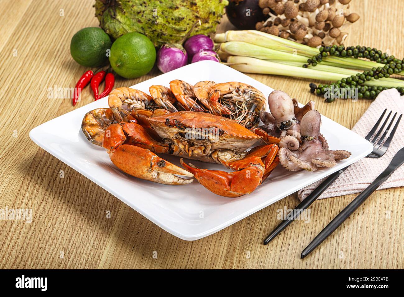 Luxury seafood mix - crab, tiger prawn, octopus Stock Photo - Alamy