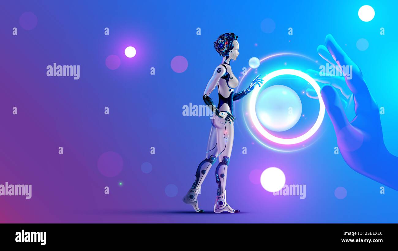 Woman robot, cyborg with AI analysis big data. AI or artificial intelligence learning concept ...