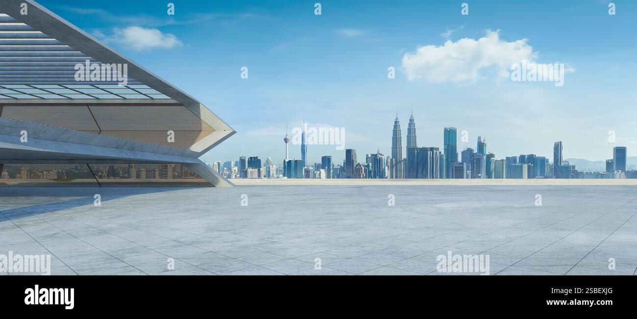 Panoramic view of city skyline from a modern rooftop on a clear sunny ...