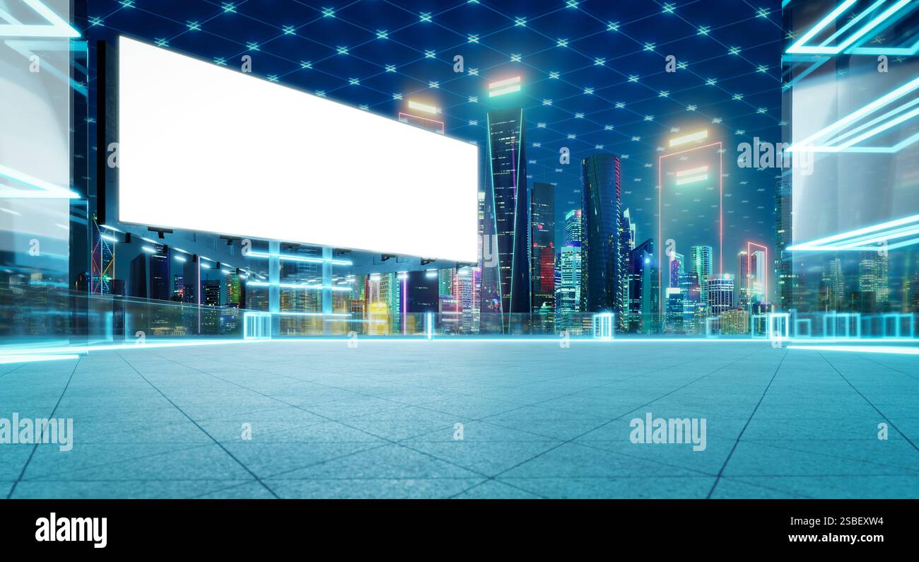 Futuristic terrace with large blank billboard in smart city with ...