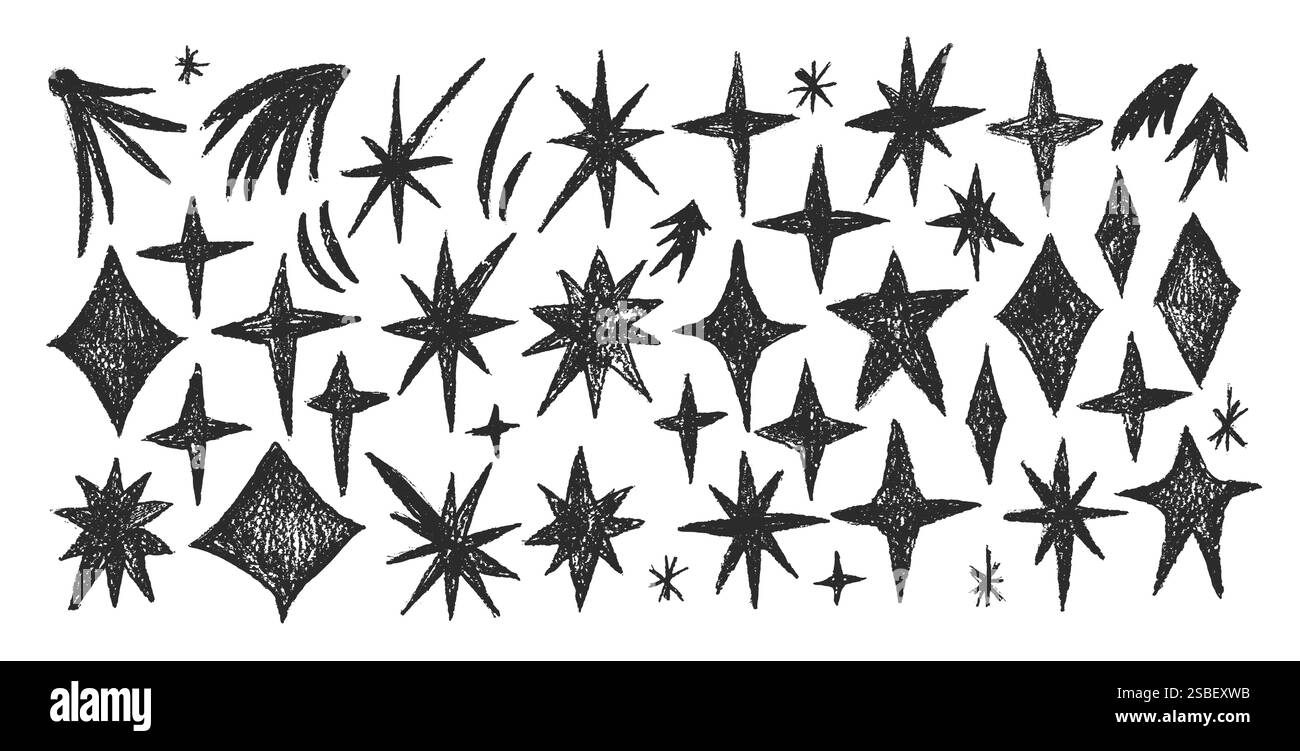 Crayon drawn sparkle stars set. Space shine shapes and blings doodle pack. Comets , twinkle and ...