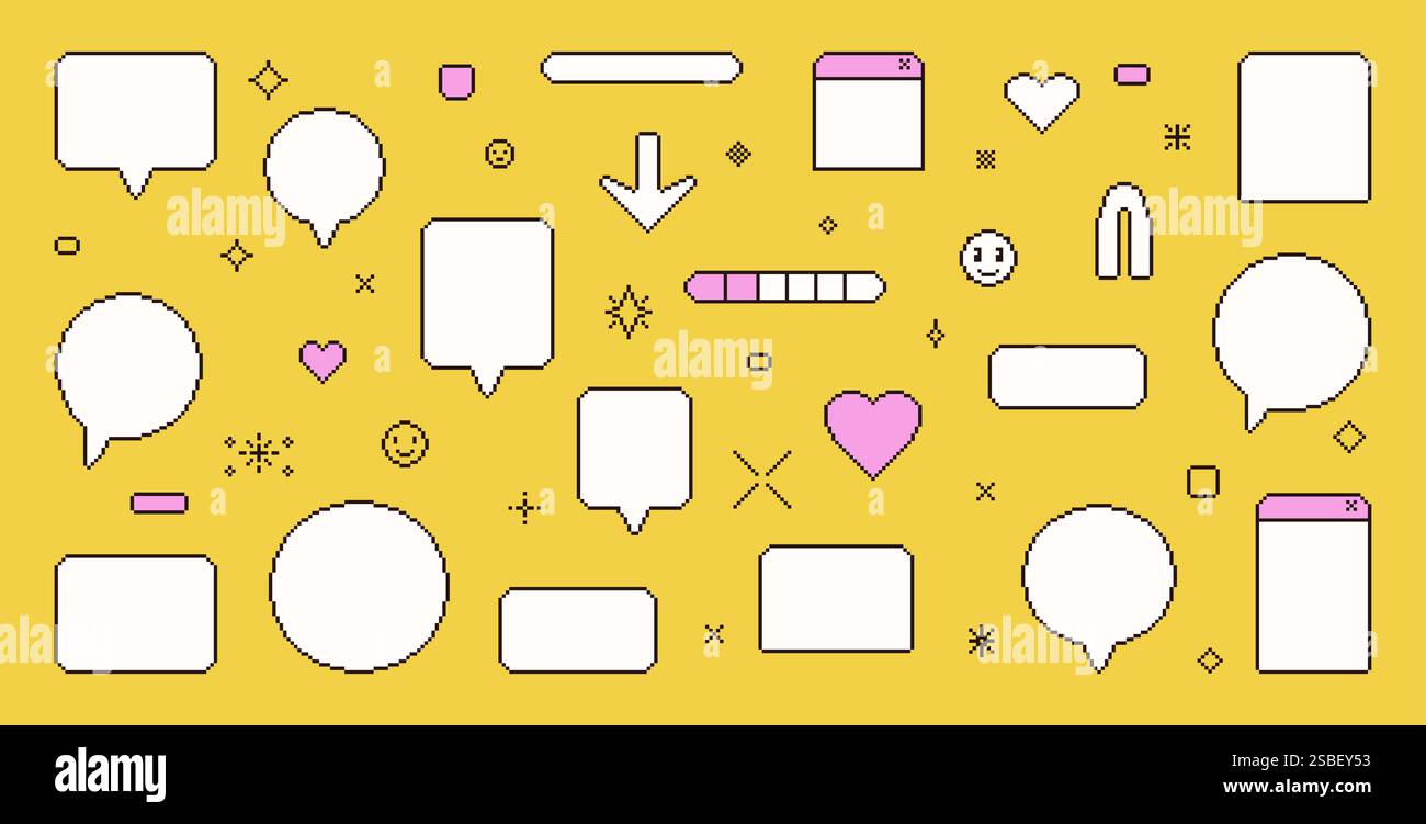 Pixel art speech bubbles. 8 bit text boxes with hearts, arrow and ...