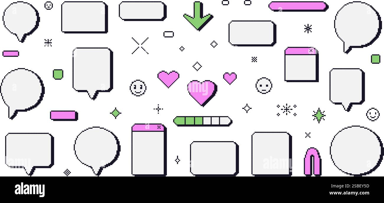 Pixel art speech bubbles. 8 bit text boxes with hearts, arrow and ...