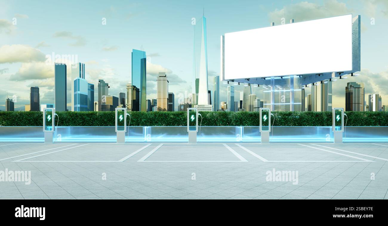 Empty parking lot with ev chargers and blank billboard advertising space in futuristic cityscape ...