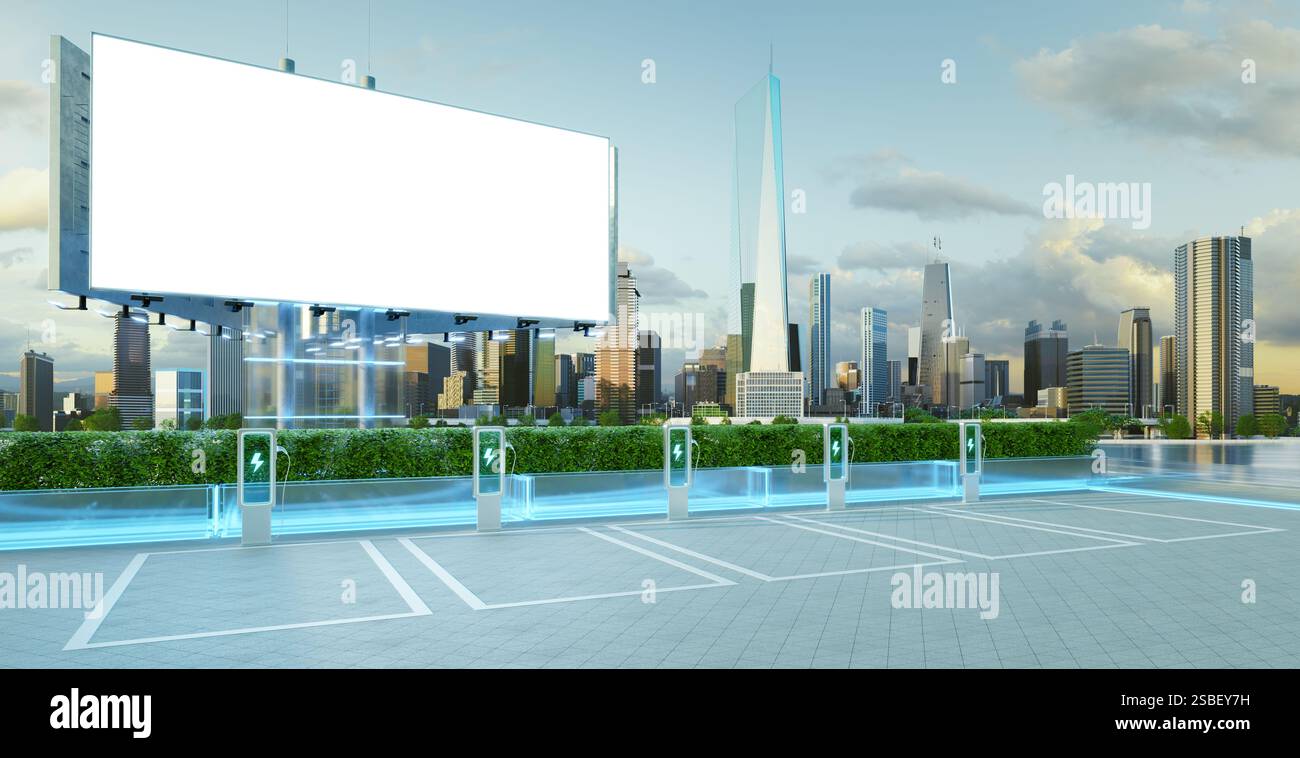 Empty billboard next to ev charging stations promoting clean energy and ...
