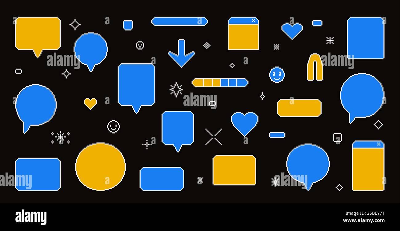 Pixel art speech bubbles. 8 bit text boxes with hearts, arrow and sparkles. Rectangle and round ...