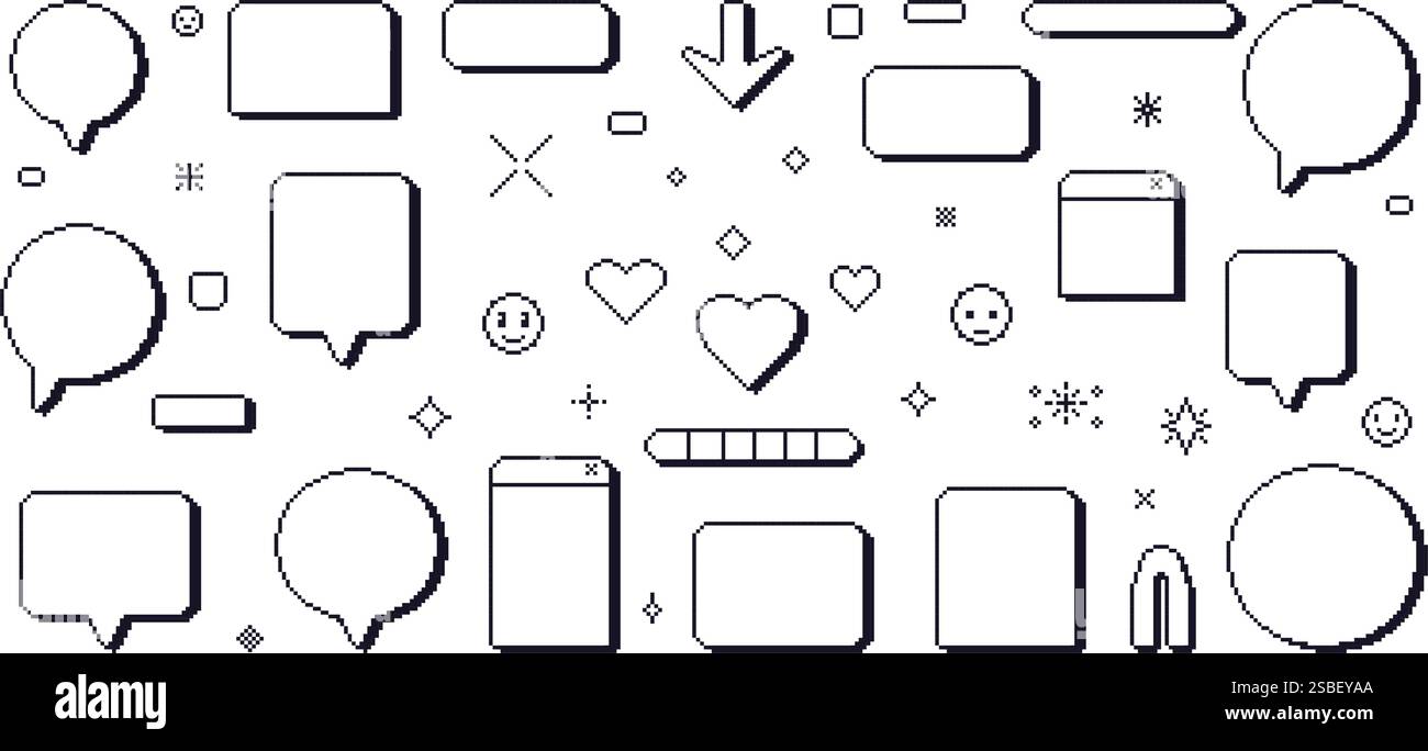 Pixel art speech bubbles. 8 bit text boxes with hearts, arrow and ...