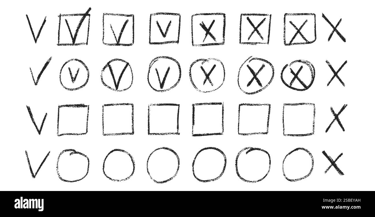 Set of checkboxes. Tick and check marks pack. Cross and v sign pencil drawn. Correct and wrong ...