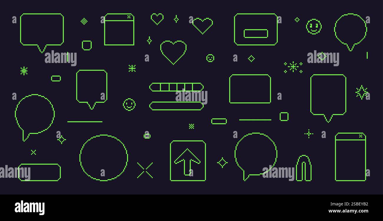 Pixel art speech bubbles. 8 bit text boxes with hearts, arrow and stars ...