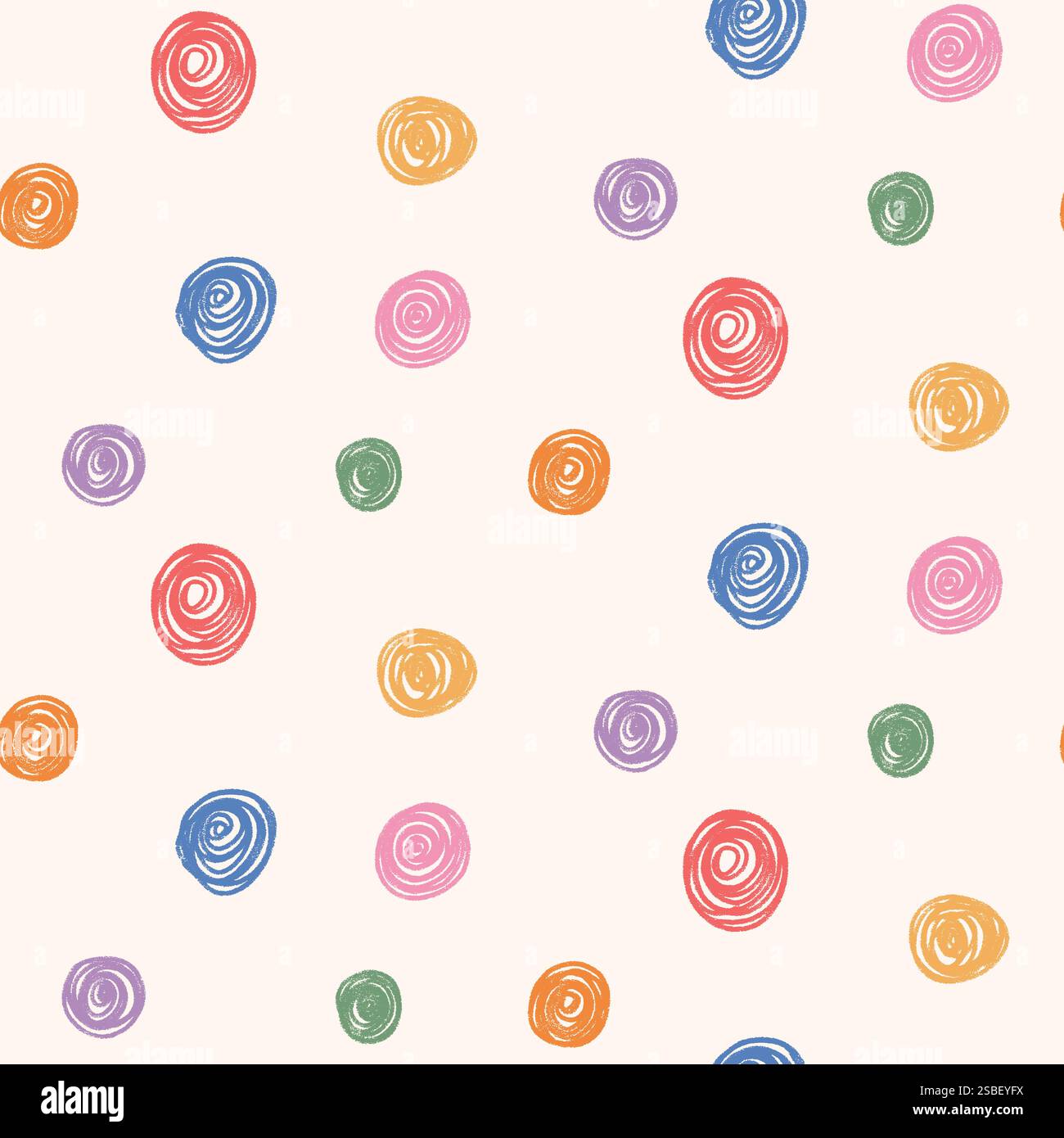 Polka dots abstract seamless pattern crayon drawn. Circular spirals ...