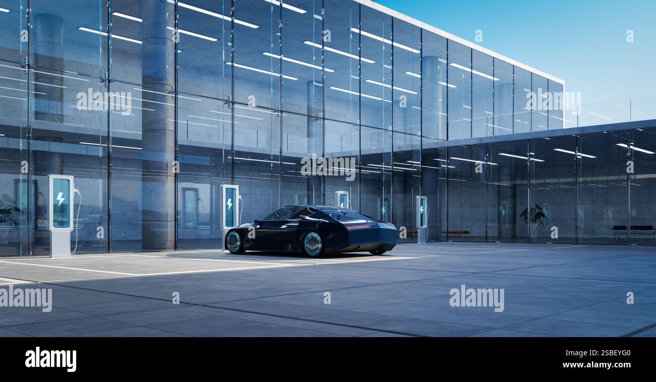 Sleek electric vehicle charging in front of a modern glass building ...