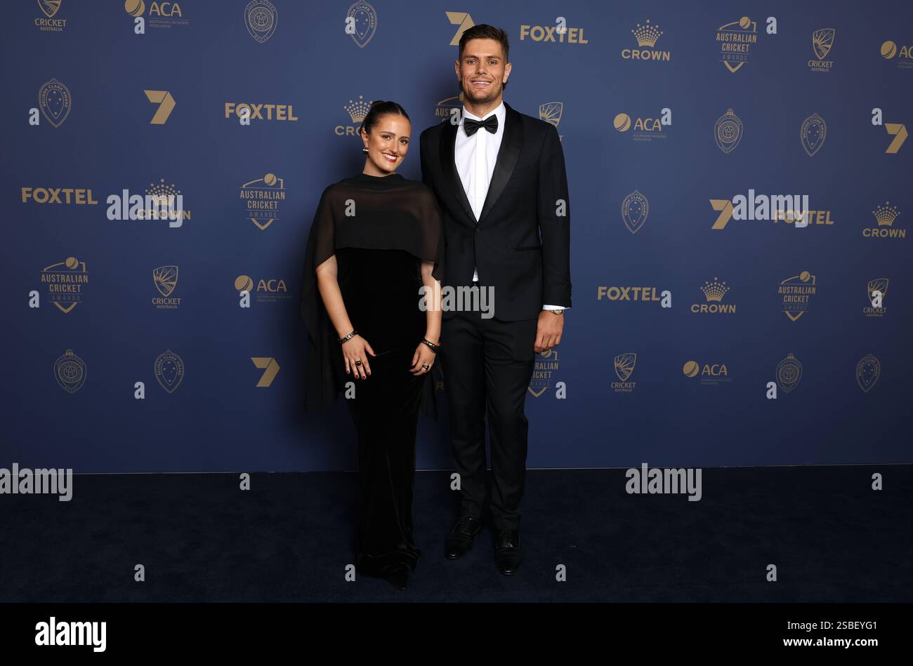 Melbourne, Australia. 03rd Feb, 2025. Aaron Hardie and Anna Bodlovich ...