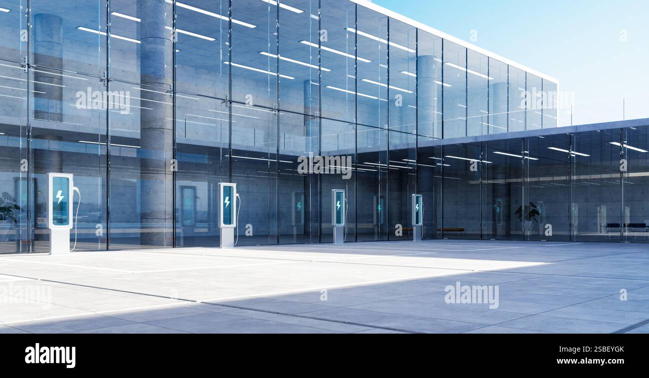 Ev charging stations stand ready outside a modern glass office building ...