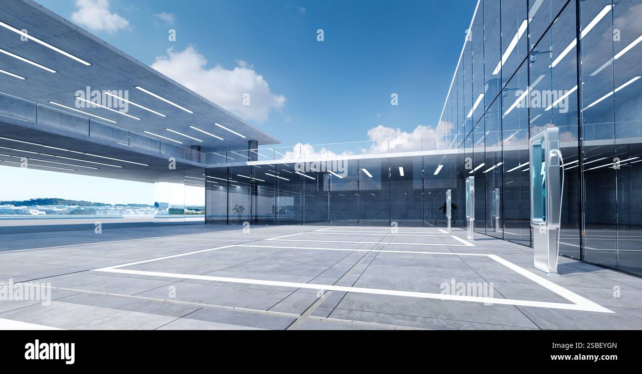 Futuristic ev charging stations stand ready at a sleek, modern office ...