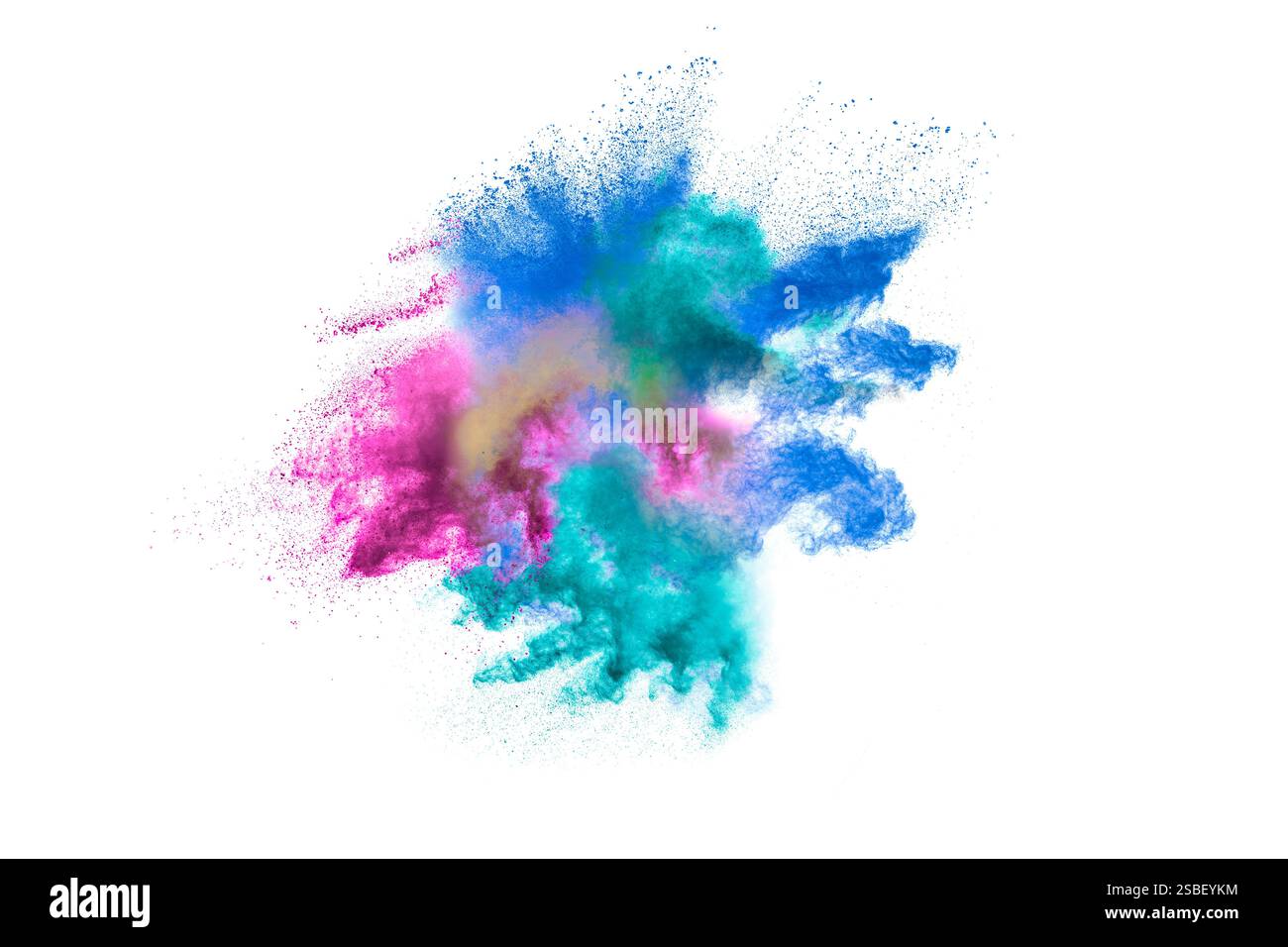 Colorful explosion of paint is splattered across a white background ...