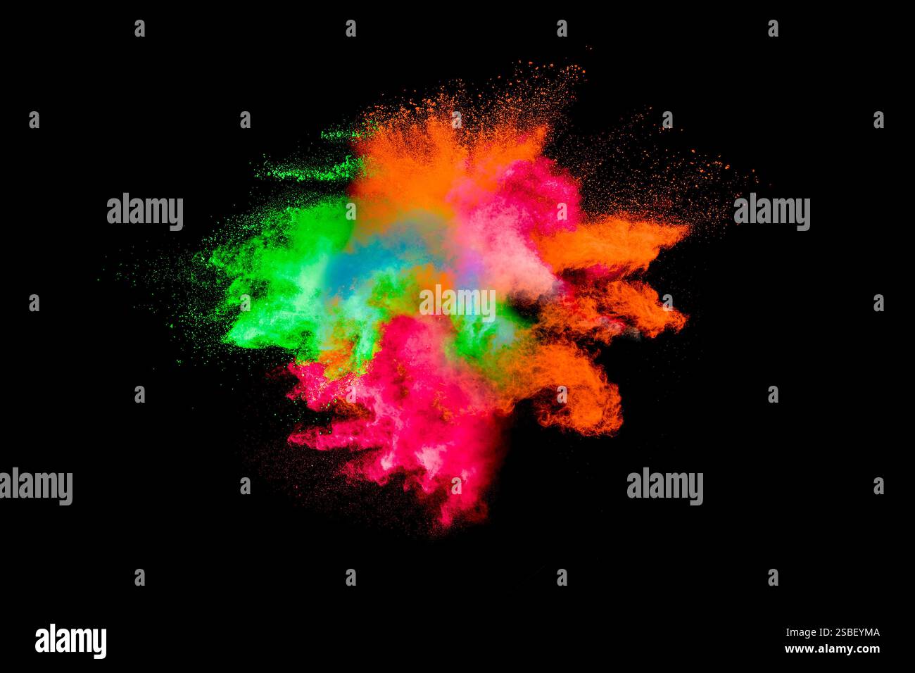 Colorful explosion of paint is splattered across a white background ...