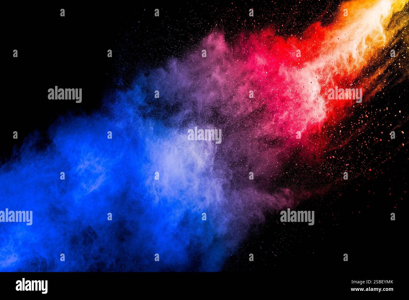 Colorful explosion of smoke and dust. The colors are blue, red, and ...