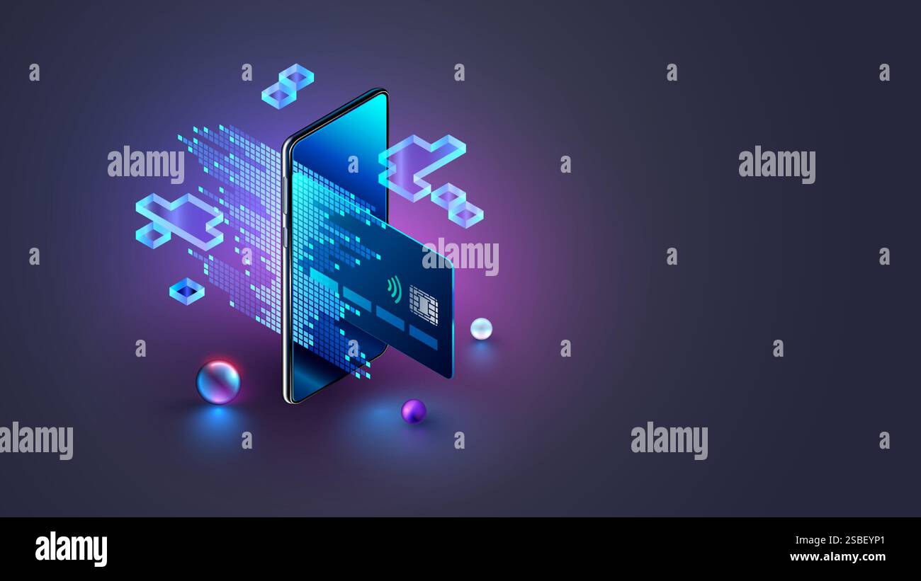 Virtual banking card. Isometric mobile phone, internet banking app ...