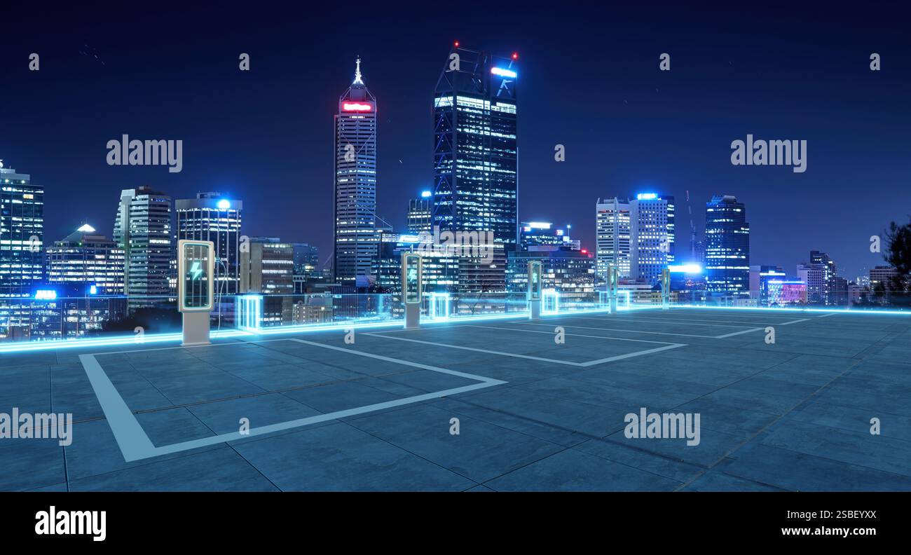 Empty rooftop parking lot with ev charging stations and glowing perth ...