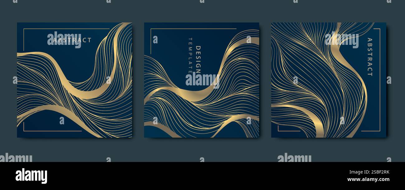 Vector set of wave line luxury cards, abstract gold on blue art deco ...