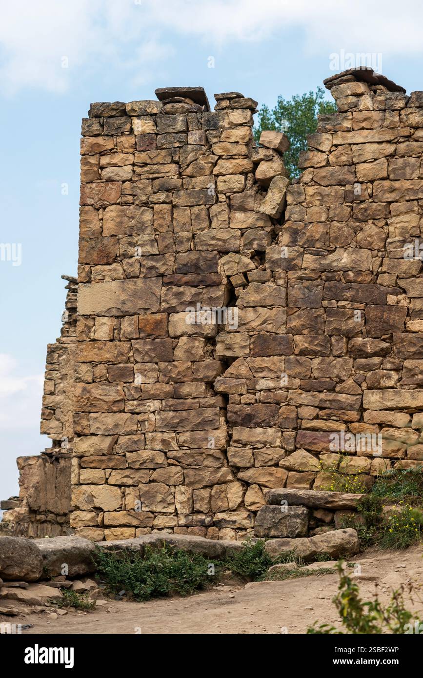 ancient cracked ruins wall at Gamsutl ghost town site in Dagestan ...