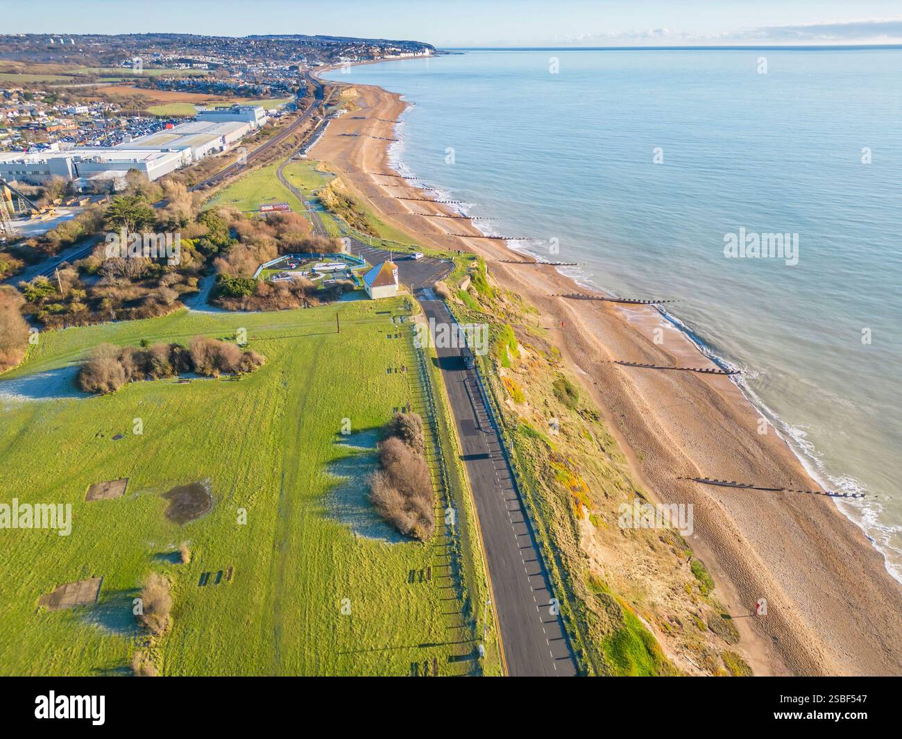 aerial view of glyne gap and the long shingle beach between bexhill and ...