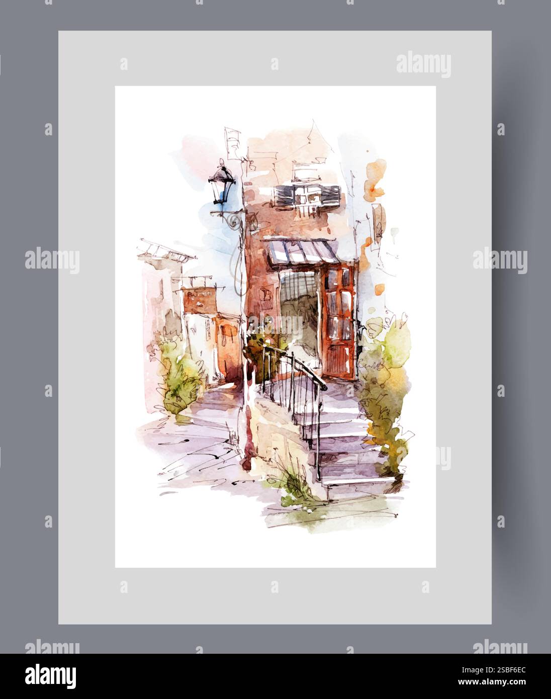 Porch of low-rise residential building on streets of European city on ...