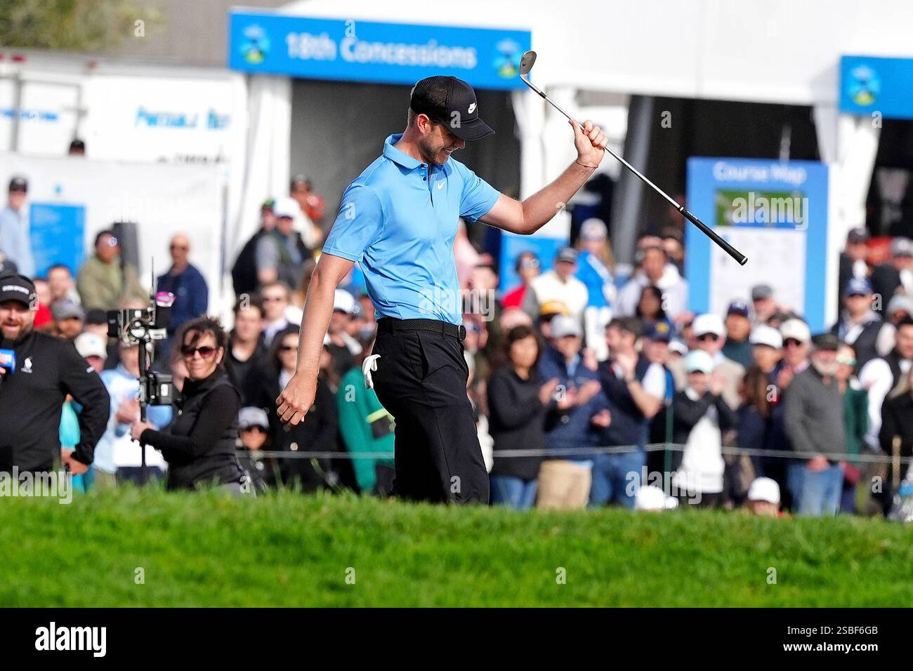 PEBBLE BEACH, CA - FEBRUARY 02: PGA golfer Cam Davis reacts after ...