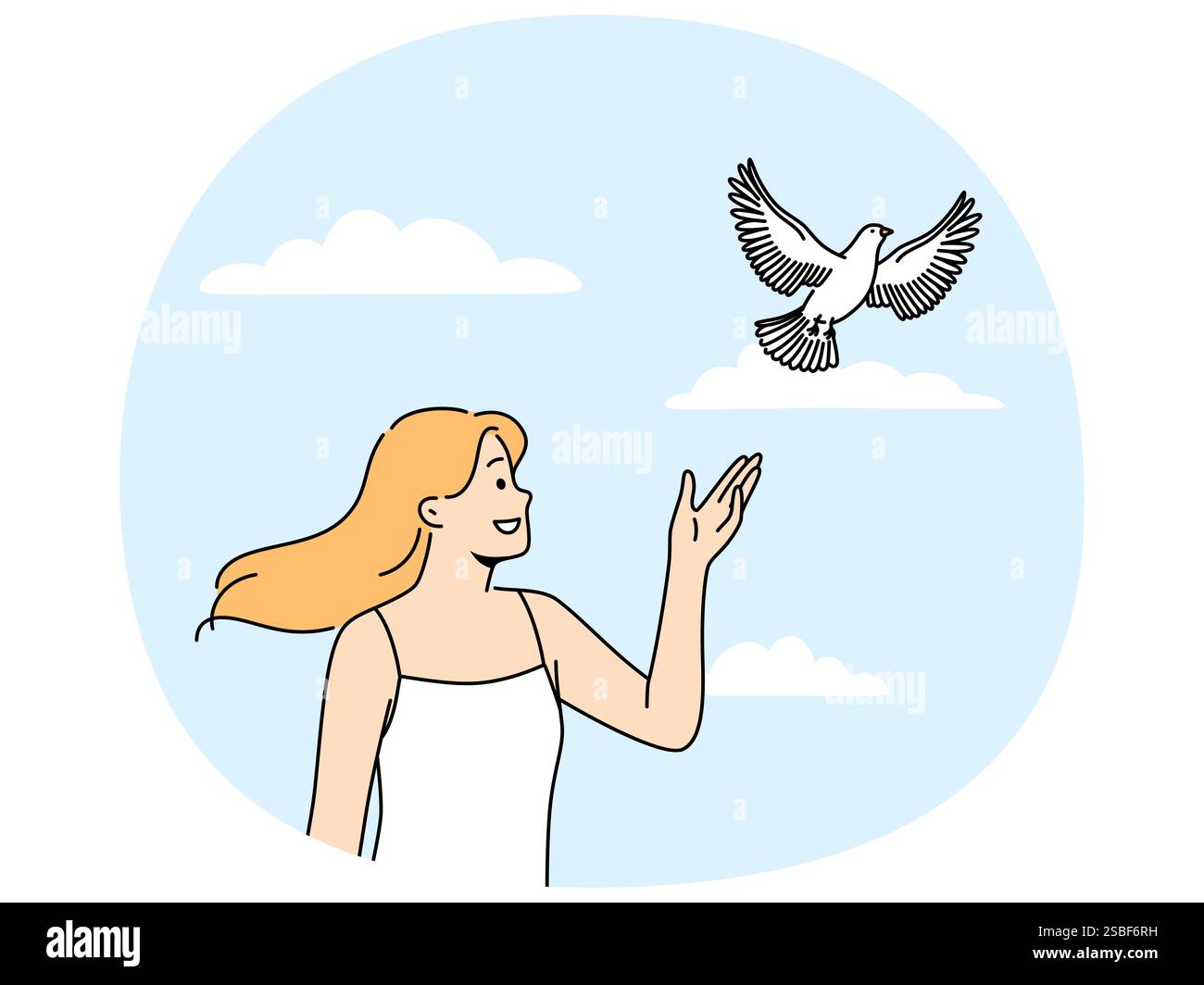 Woman releases dove standing under summer blue sky and watching bird ...