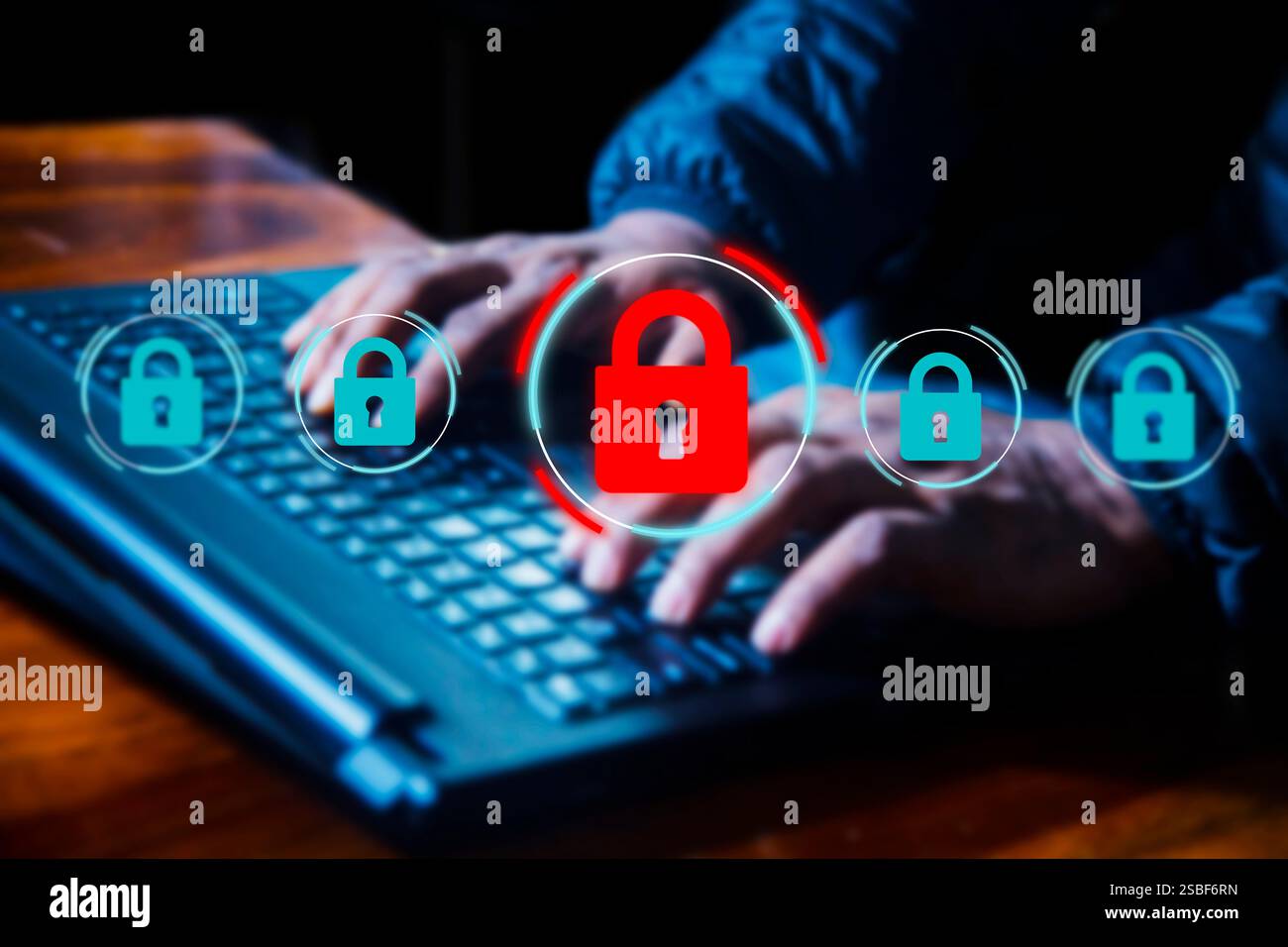 Digital Lock Icons In Red And Blue Displayed On A Screen With A Person