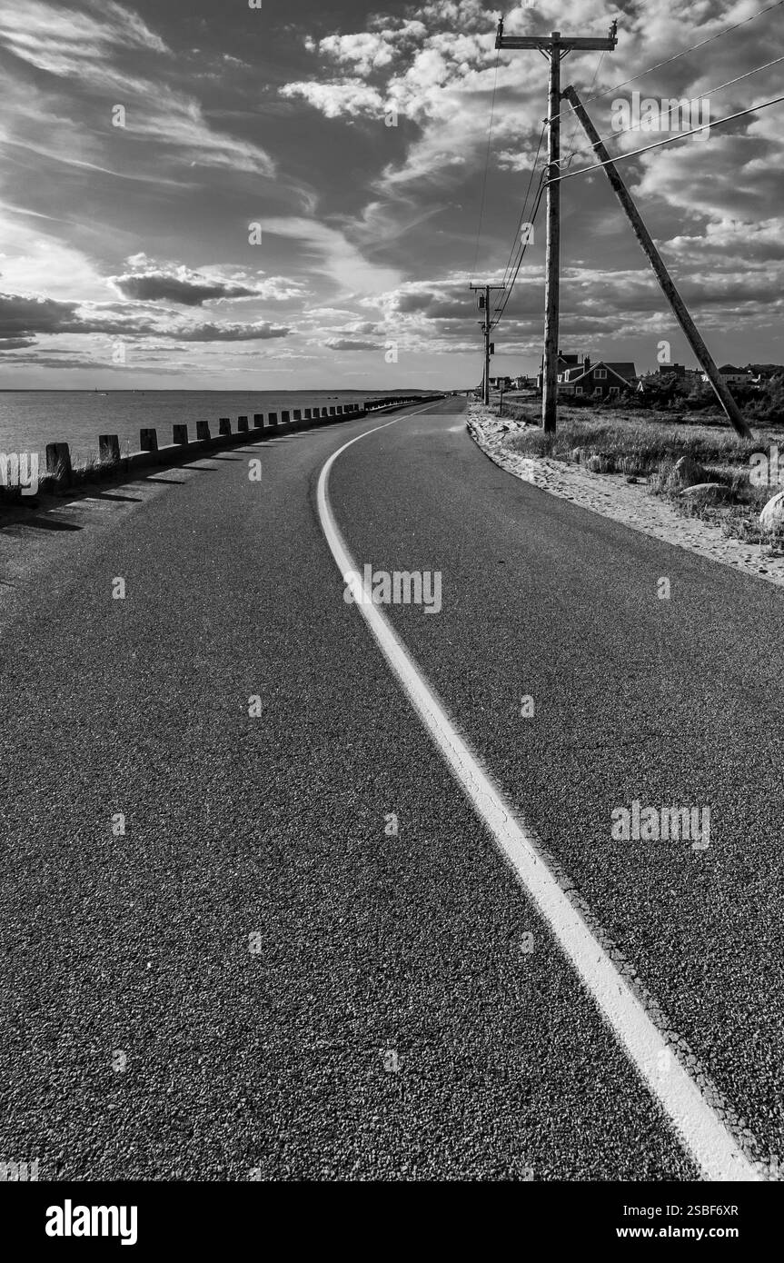 Black and white shot of coastal road on Cape Cod in New England Stock ...