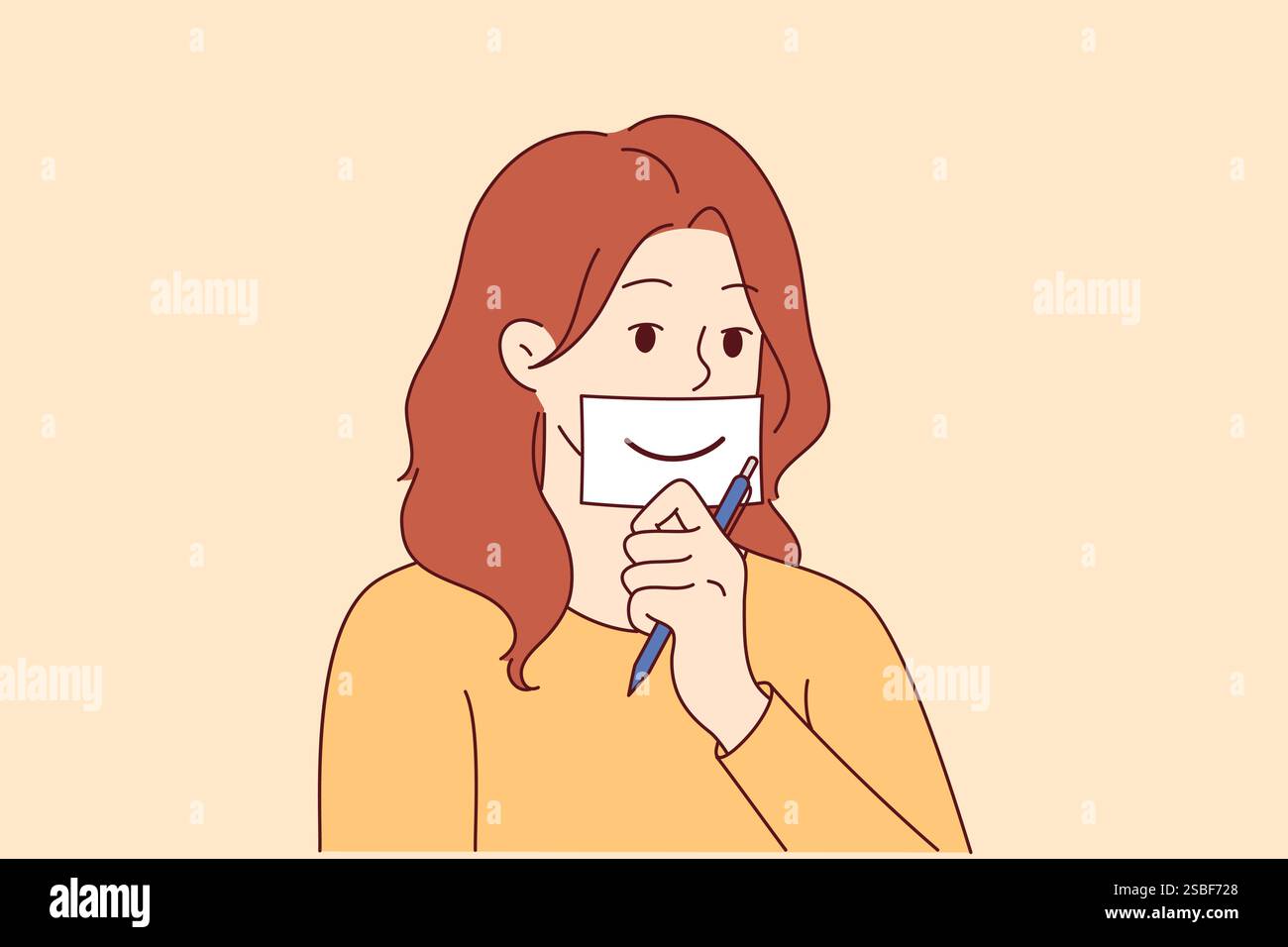 Woman shows fake smile, symbolizing happiness, by placing piece of ...